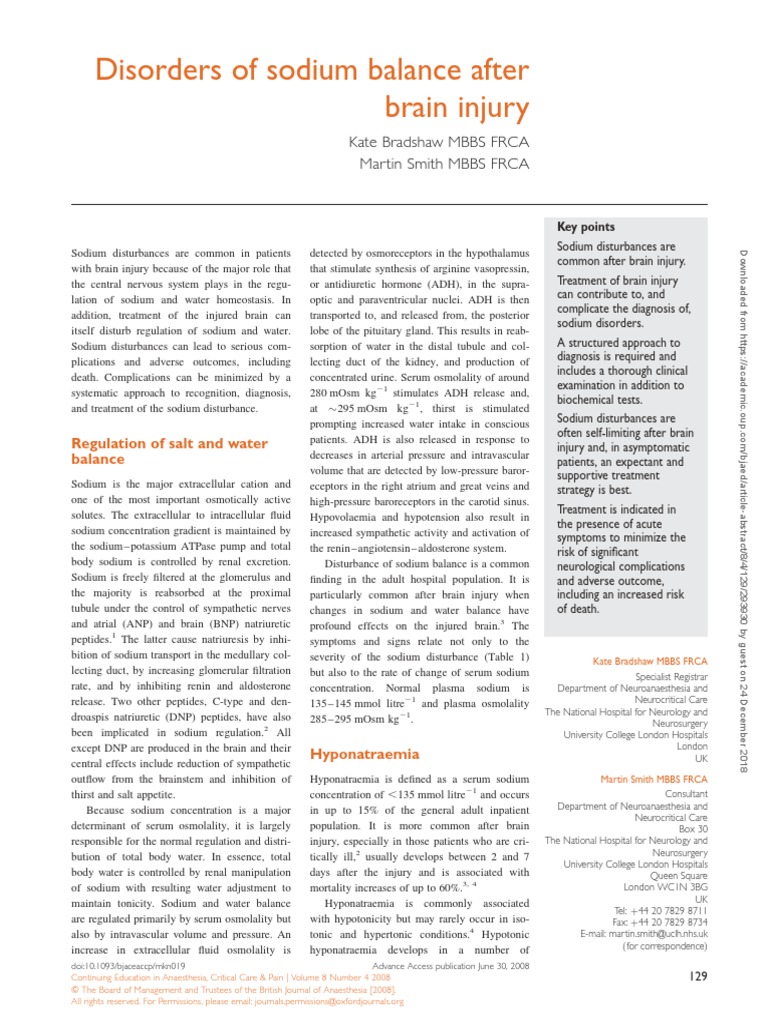 Disorders of Sodium Balance After Brain Injury: Kate Bradshaw MBBS FRCA ...