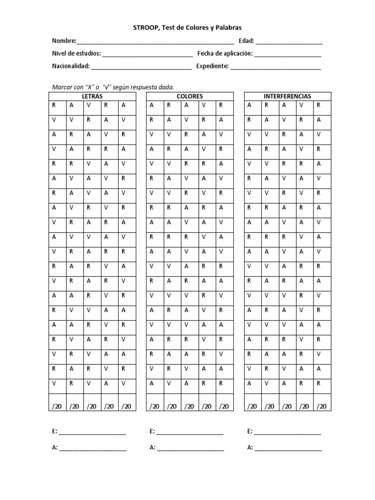 Hoja de Respuestas Stroop | PDF