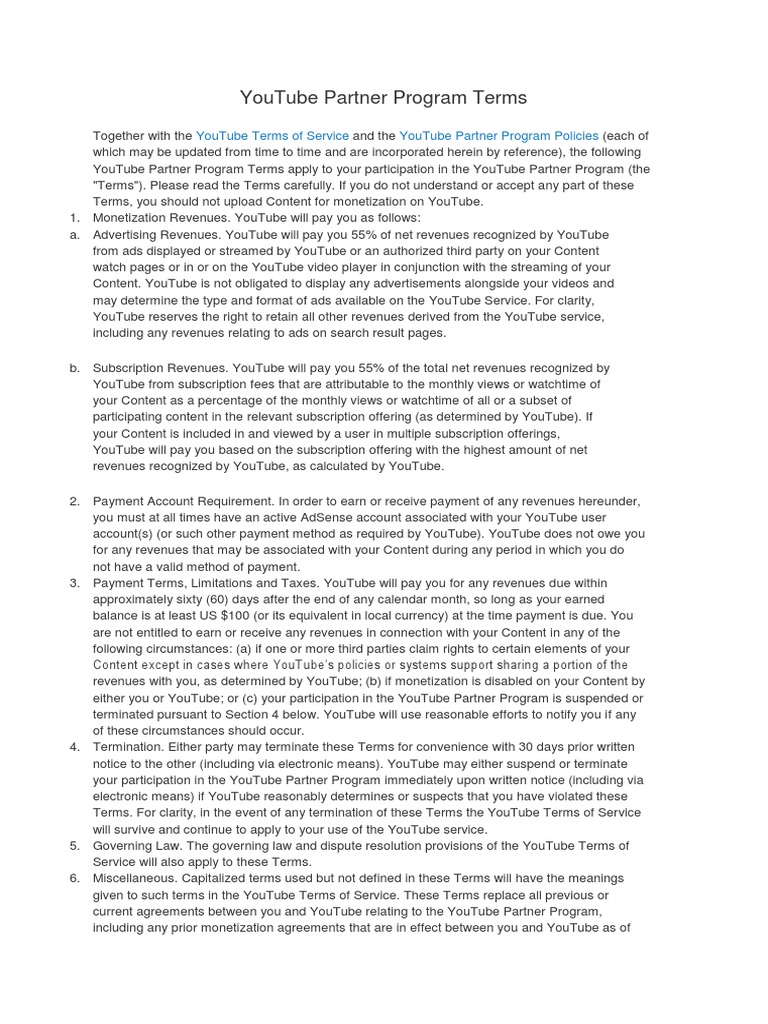 YouTube Partner Program Terms | PDF