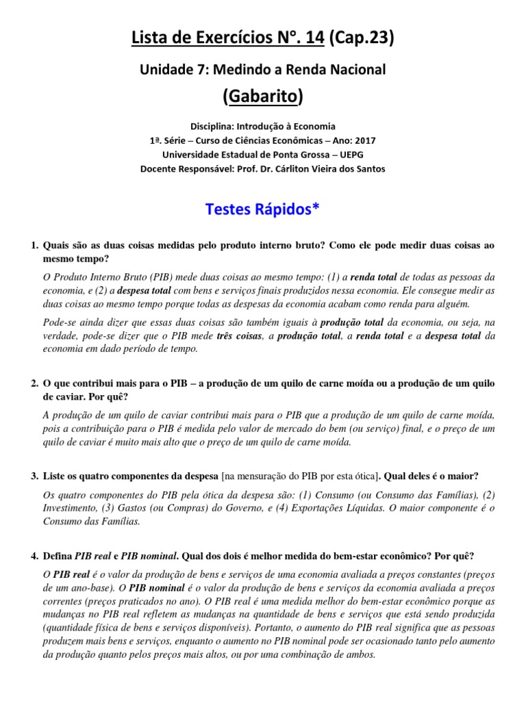 Lista 14 Gabarito (Cap 23) | PDF | Produto interno bruto | Renda