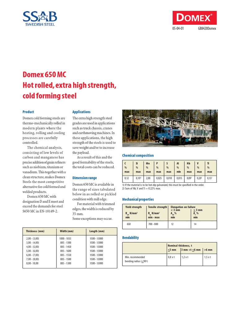Domex 650 MC Hot Rolled, Extra High Strength, Cold Forming Steel | PDF ...