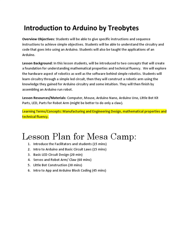 Lesson Plan For Mesa Camp:: Introduction To Arduino by Treobytes | PDF ...