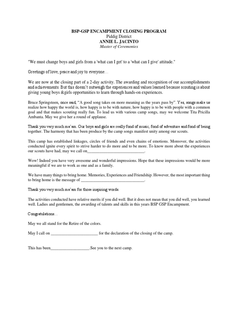 BSP-GSP Encampment Closing Program Annie L. Jacinto: Master of Ceremonies | PDF