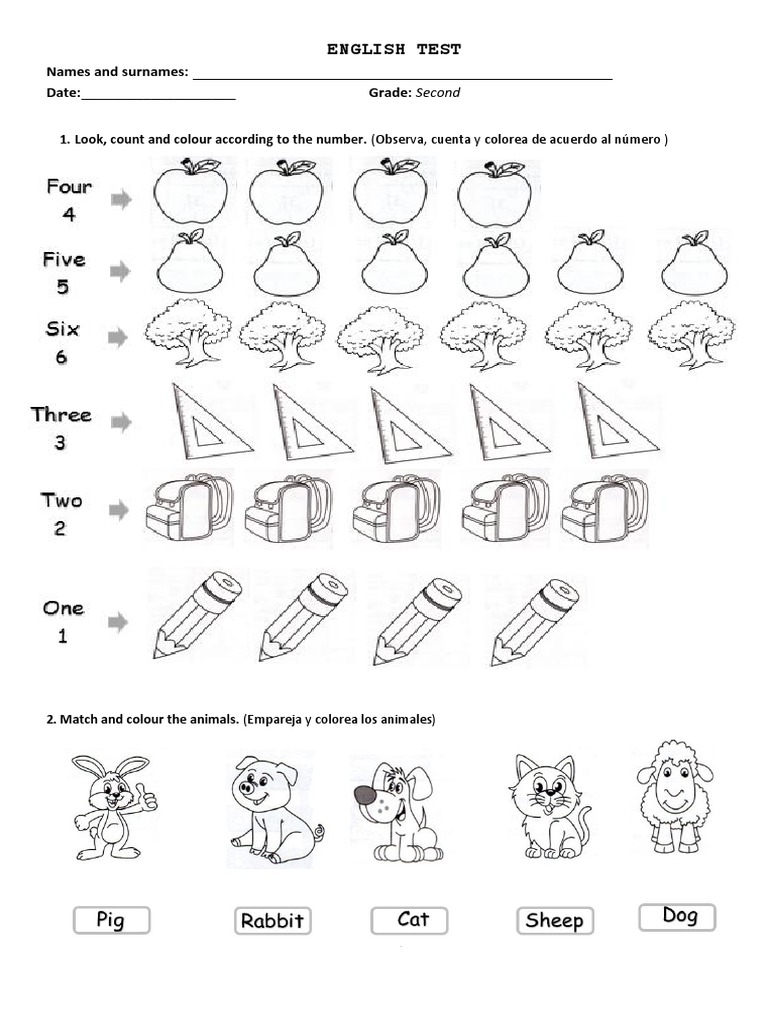 English Test: Names and Surnames: Date: - Grade: Second | PDF
