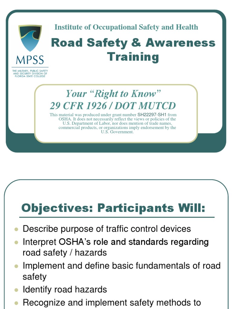 Road Safety & Awareness Training: Your "Right To Know" 29 CFR 1926 ...