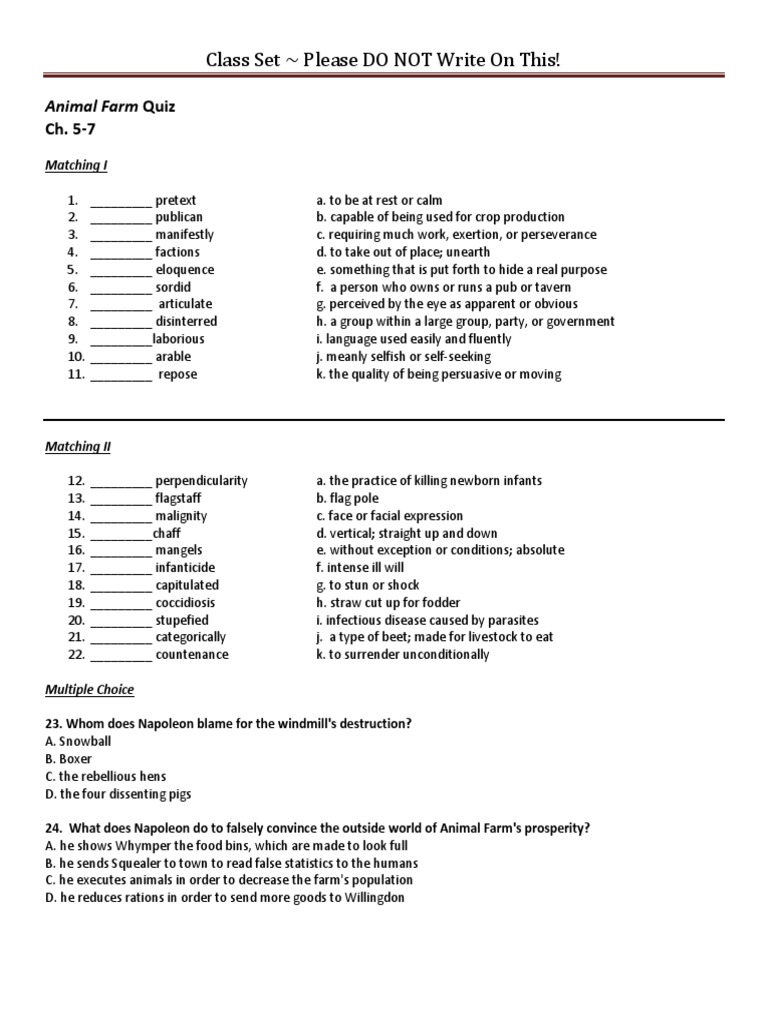 Animal Farm Quiz Matching and Multiple Choice | PDF | Animals And Humans