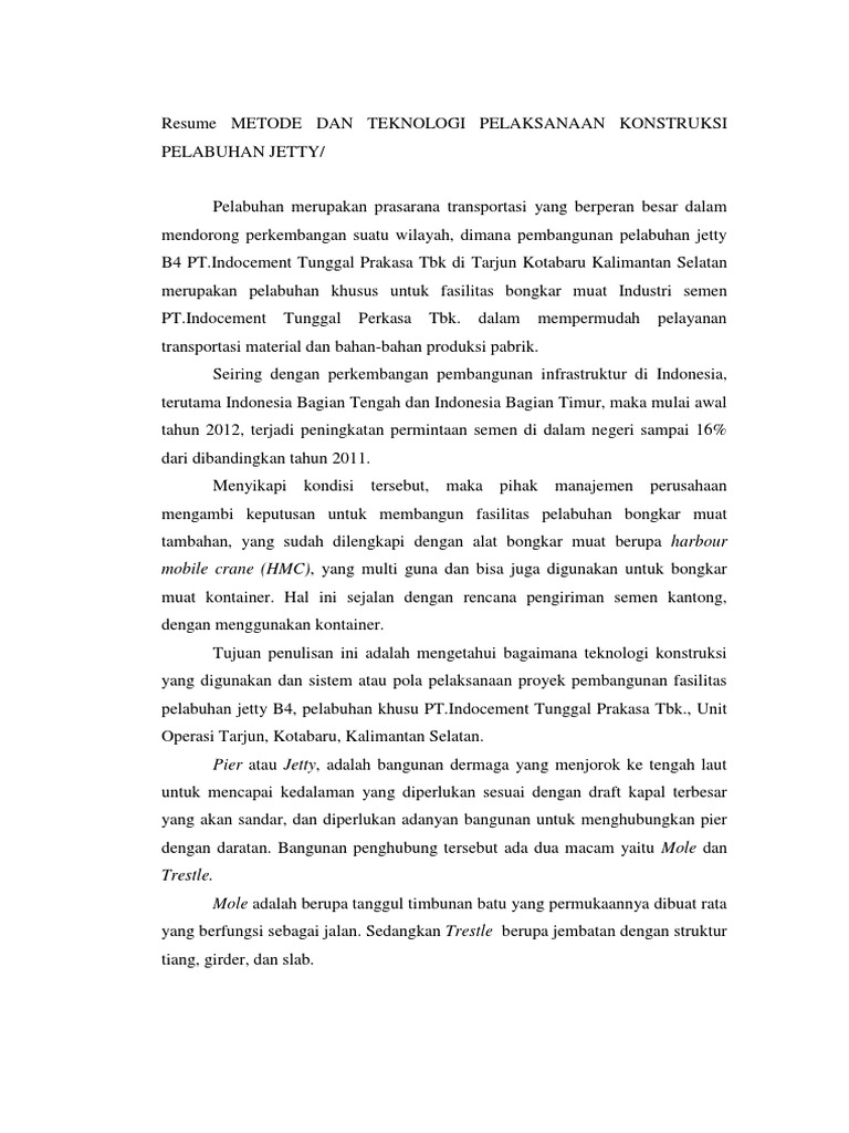 Resume Metode Dan Teknologi Pelaksanaan Konstruksi Pelabuhan Jetty | PDF