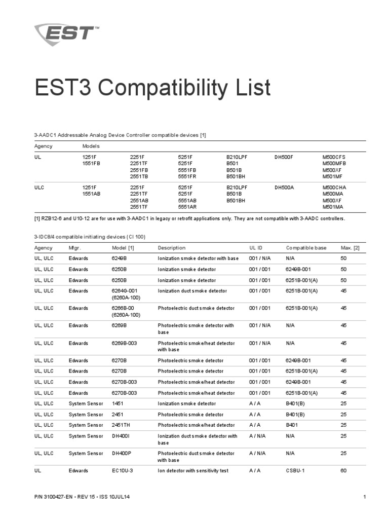 EST3 Compatibility List | Sensor | Tools
