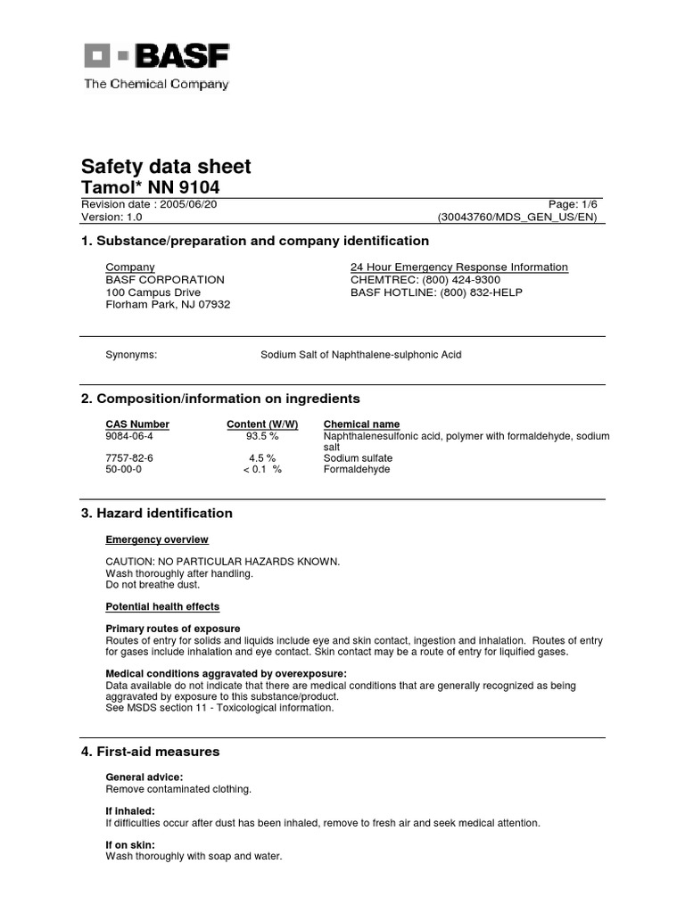 Msds Tamol NN 9104 | PDF | Firefighting | Toxicity