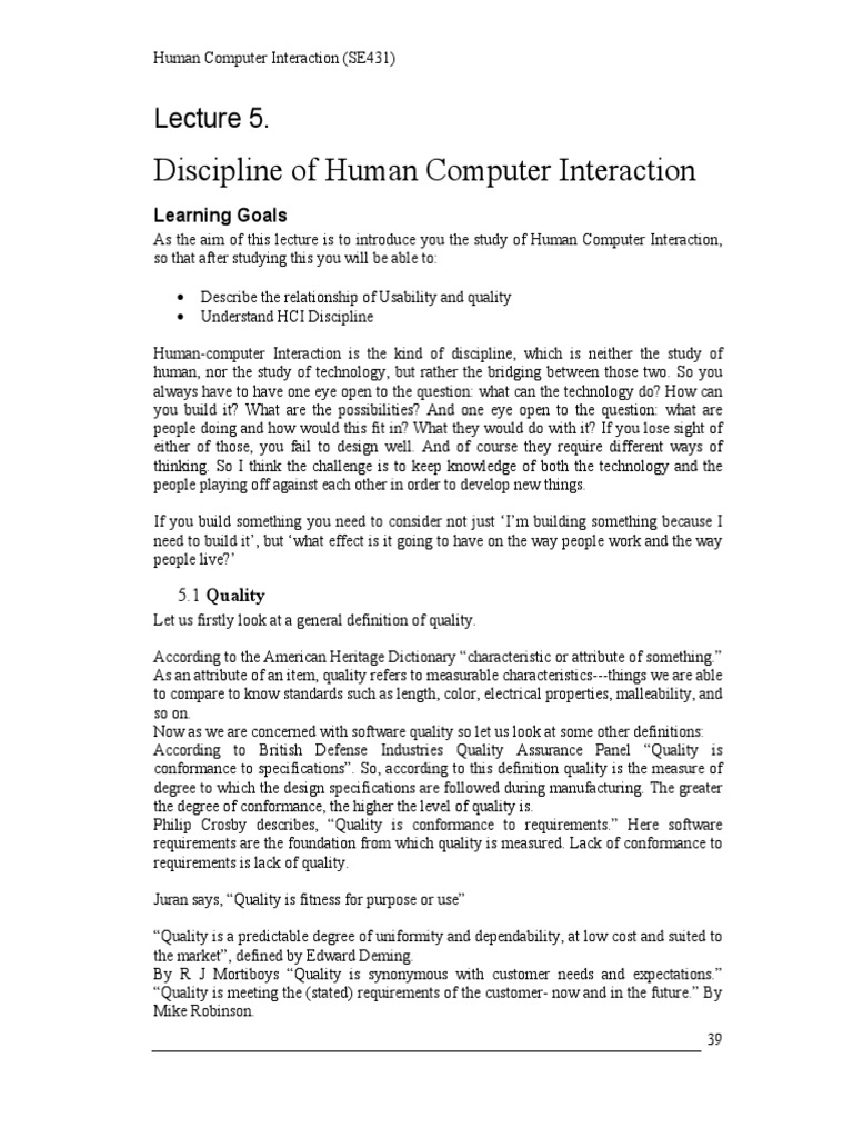 Discipline of Human Computer Interaction: Learning Goals | PDF | Human ...