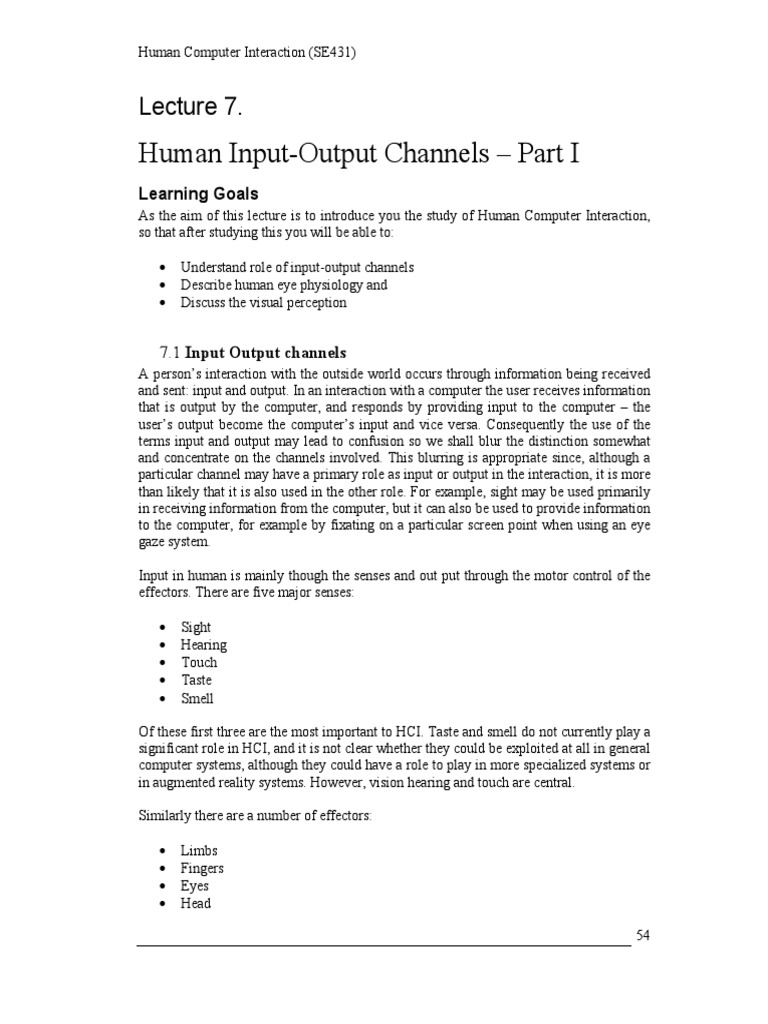 Human Input-Output Channels - Part I: Learning Goals | PDF | Eye | Color
