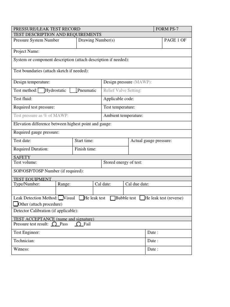 Ps-7 Pressure or Leak Test Record | PDF | Leak | Pressure
