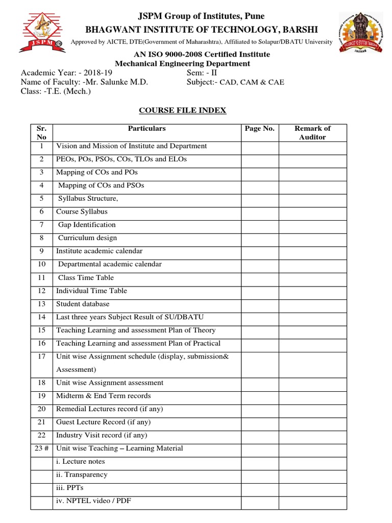 Course File Index 1 | PDF | Teachers | Learning