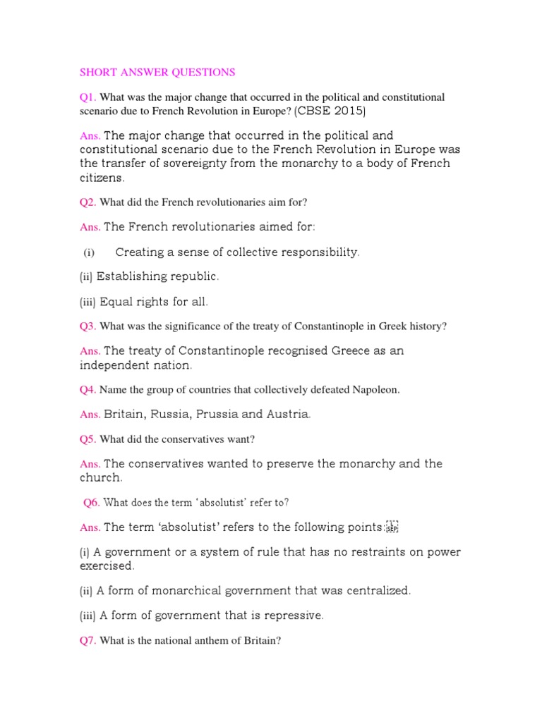 Short Answer Questions - Nationalism in Europe | PDF | Monarchy ...