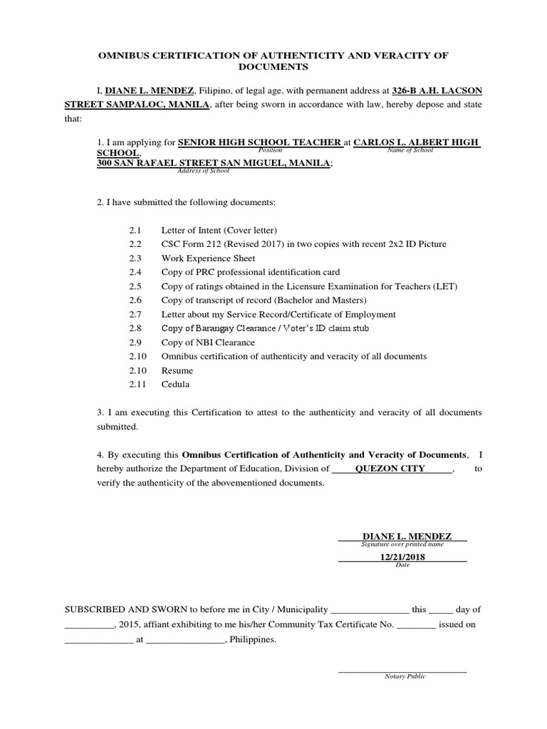 Omnibus Certification of Authenticity and Veracity of Documents | PDF ...