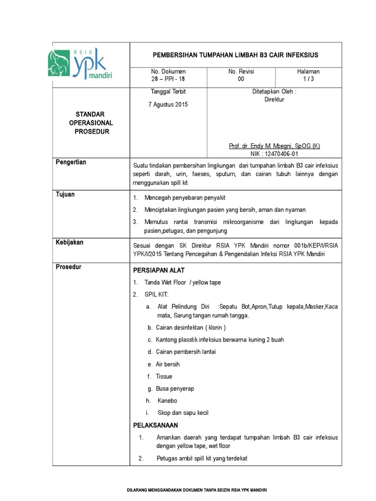 Sop Pembersihan Tumpahan Limbah b3 Cair Infeksius | PDF