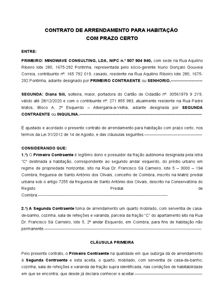 contrato arrendamento quarto - Diana.doc | Leasing | Direito Civil (Sistema Jurídico)