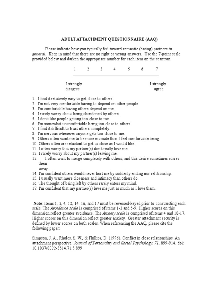 Adult Attachment Questionnaire (AAQ) | PDF
