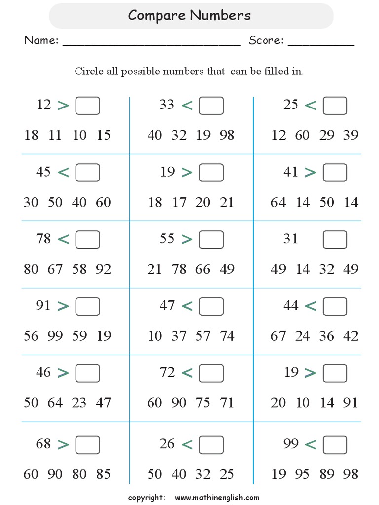 Name: - Score: - Circle All Possible Numbers That Can Be Filled in | PDF