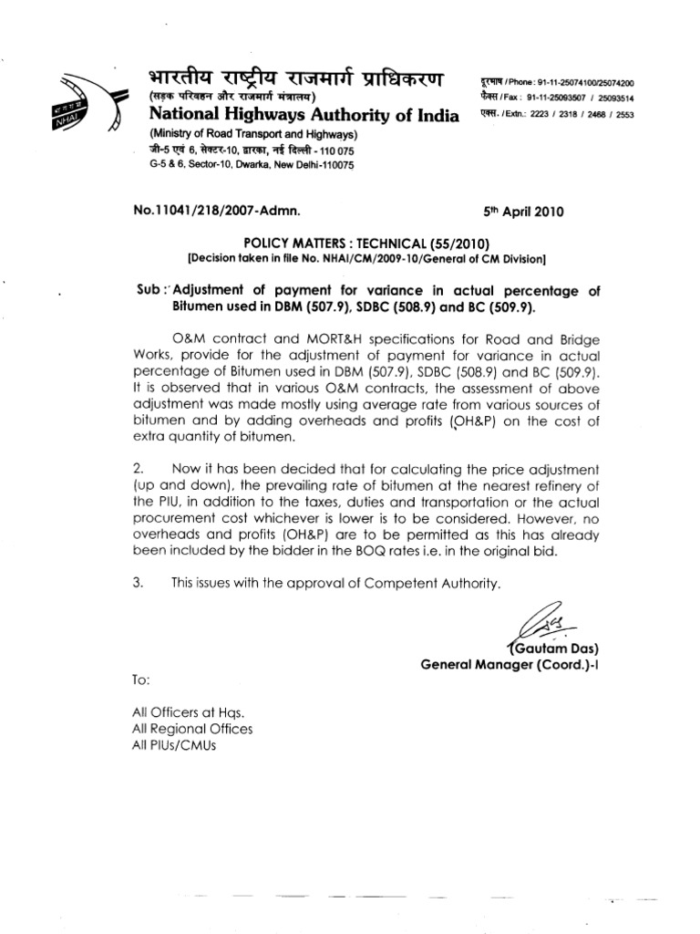 Adjustment of Payment For Variance in Actual % of Bitumen Used in DBM ...