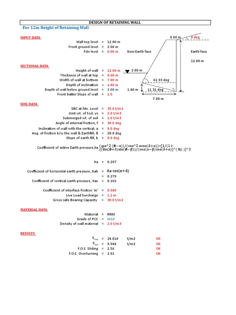 Retaining Wall Design Calculations | PDF | Slope | Friction