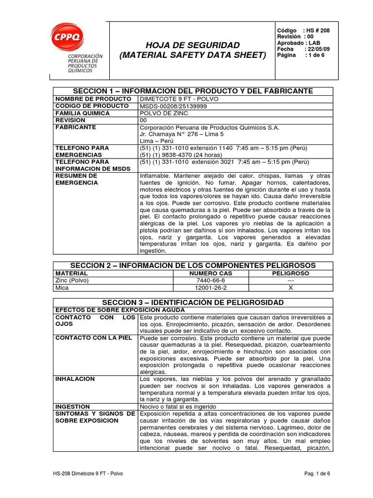 Dimetcote 9 FT - Polvo MSDS | PDF | Combustión | Agua