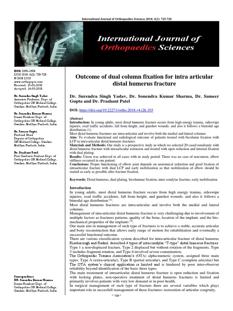 Outcome of Dual Column Fixation For Intra Articular Distal Humerus ...
