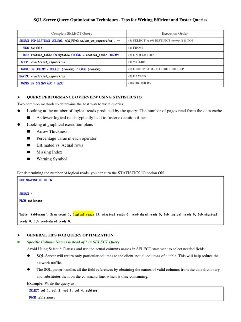 Sql Server Query Optimization Techniques Pdf Pdf Database Index Microsoft Sql Server