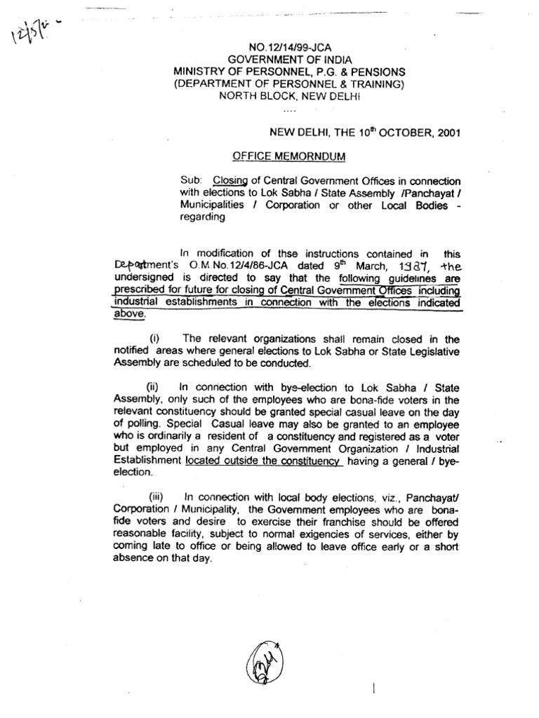 Election Leave Circular | Download Free PDF | Government Of India ...