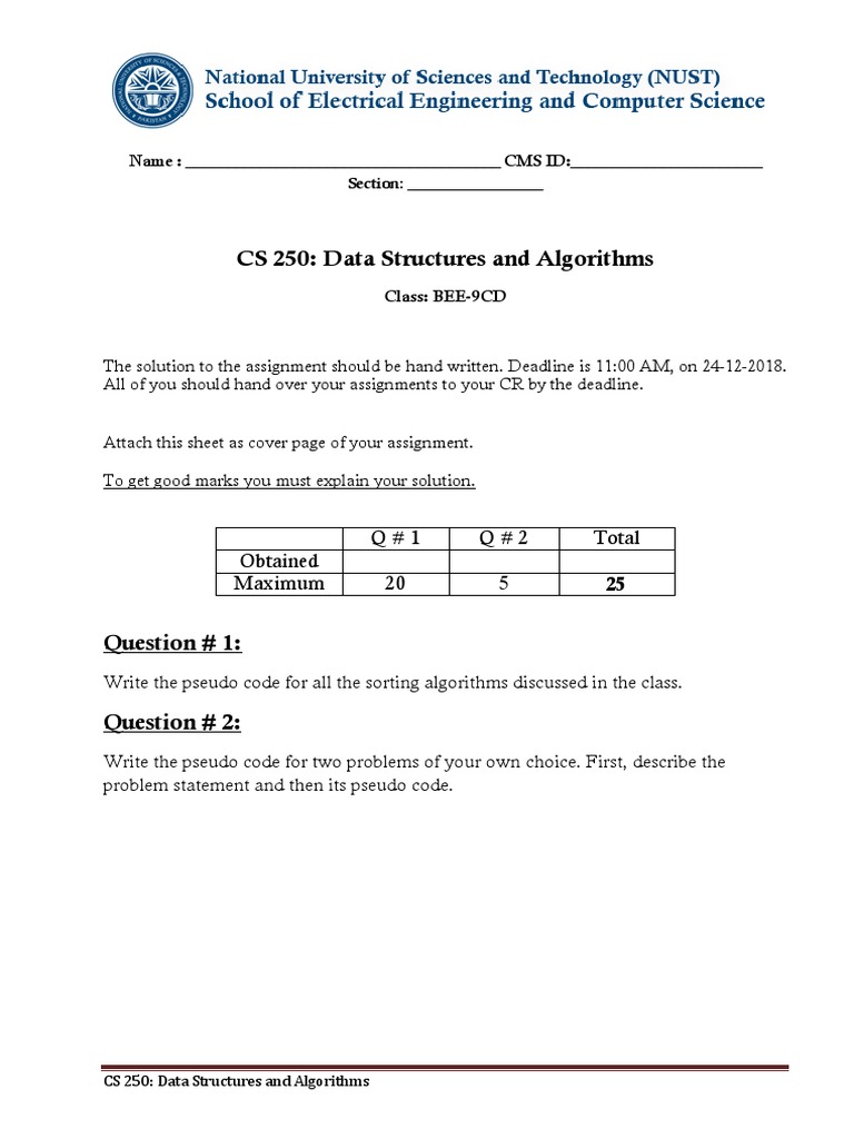 CS 250: Data Structures and Algorithms: Question # 1 | PDF