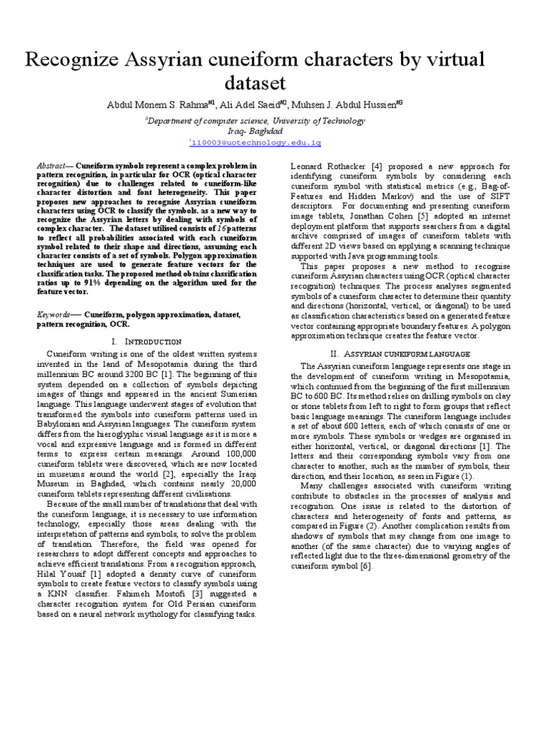 Rahma Et Al - Recognize Assyrian Cuneiform Characters by Virtual Dataset | PDF | Optical ...