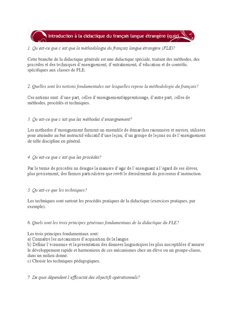 Méthodologie du FLE : Principes et Techniques | PDF | Pédagogie ...