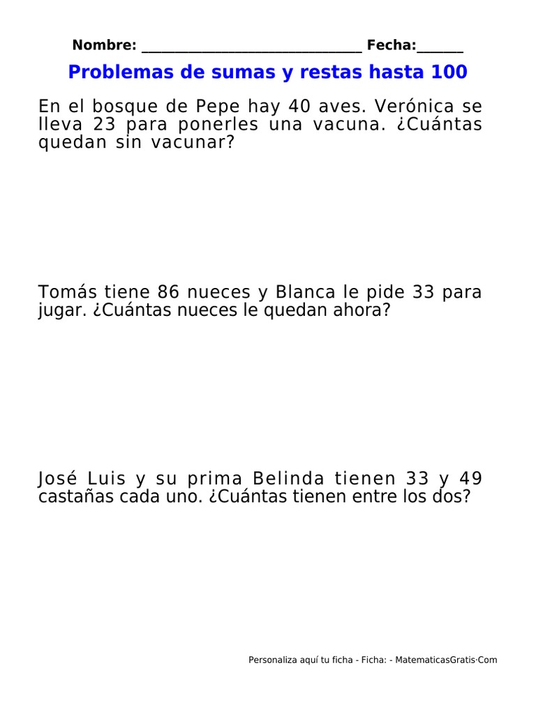Problemas Sumas y Restas Hasta 100 | PDF | Ocio | Deportes