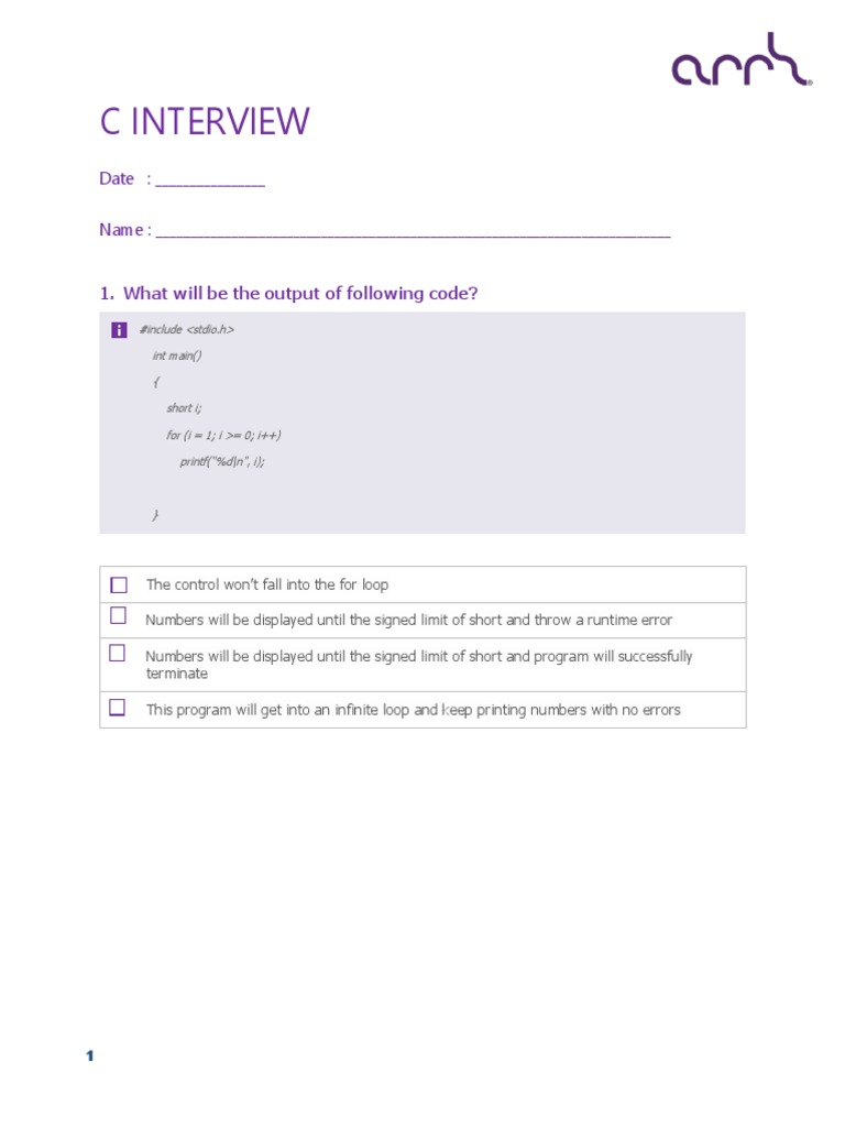 C Interview Date Name Pdf C Programming Language Integer Computer Science