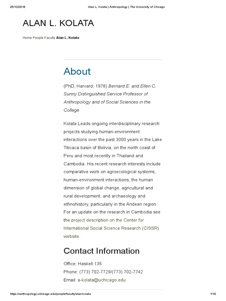 Anthropology Faculty Profile of Dr. Alan L. Kolata Focusing on His ...