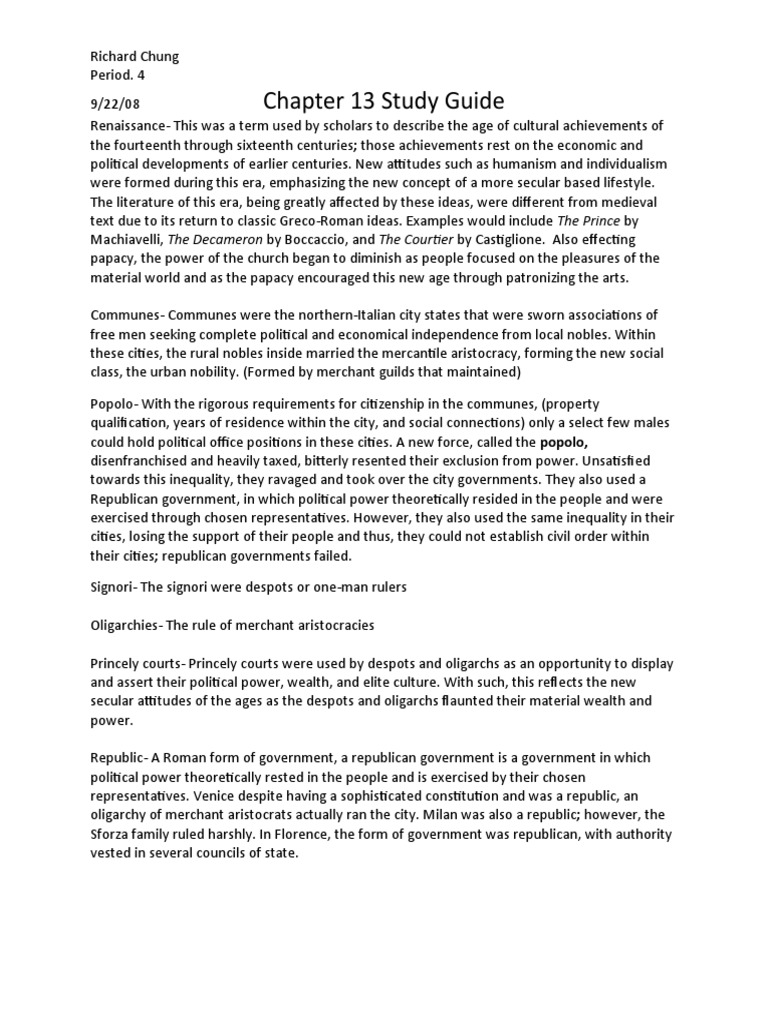Renaissance Study Guide | PDF | Humanism | Republic