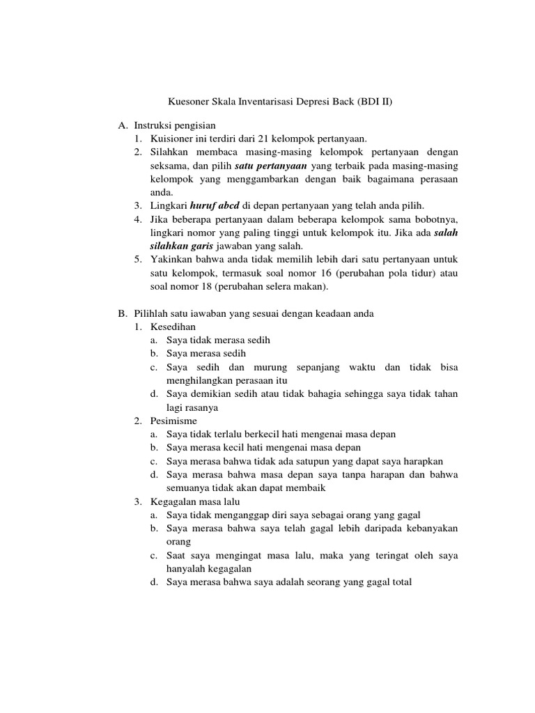 Kuesioner Skala BDI-II untuk Depresi | PDF