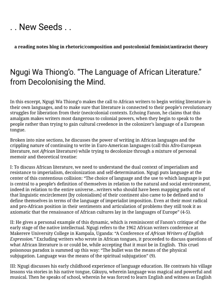 Ngugi Wa Thiong'o. "The Language of African Literature." From ...