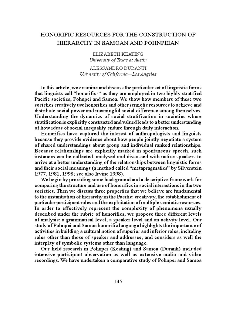 Honorifics in Samoan and Pohnpeian Cultures | PDF | Word | Linguistics