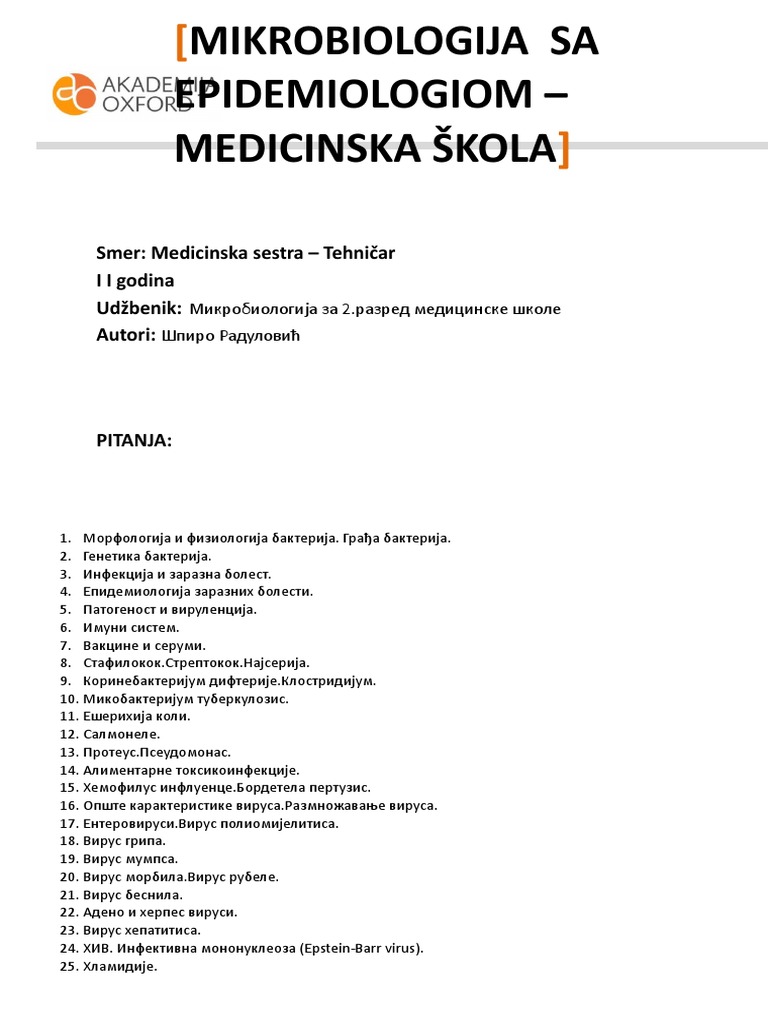 Ispitna Pitanja Mikrobiologija Sa Epidemiologijom | PDF