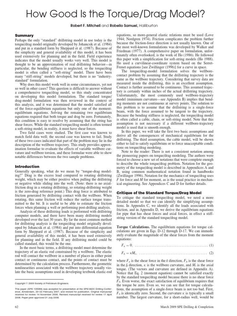 How Good Is The Torque/Drag Model?: 62 March 2009 SPE Drilling ...