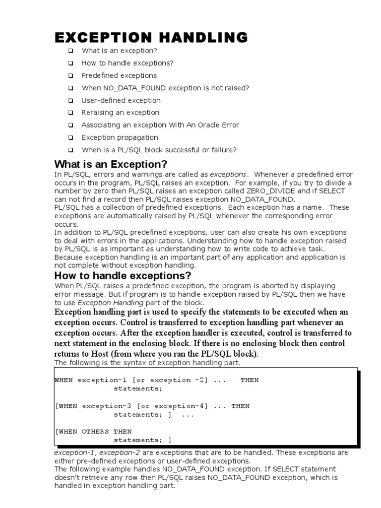 Oracle Exceptions Pl Sql C