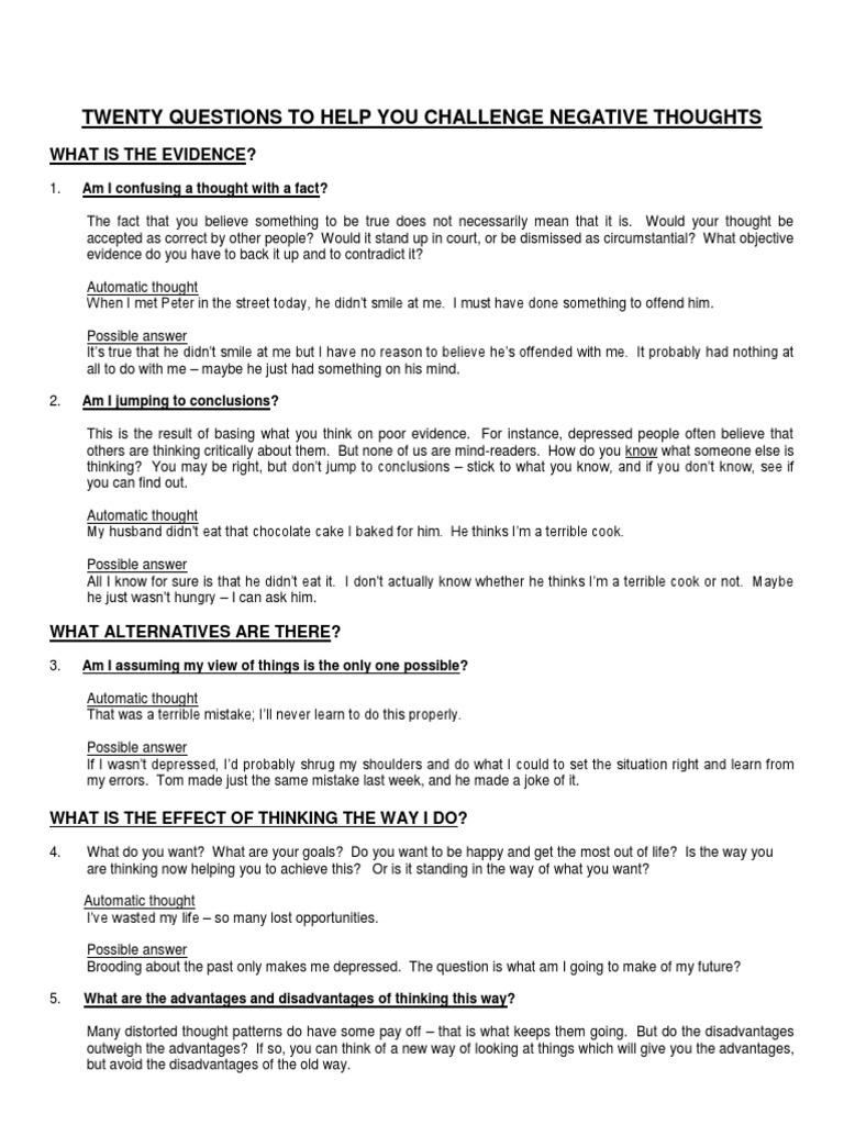 Twenty Questions To Help You Challenge Negative Thoughts: What Is The ...