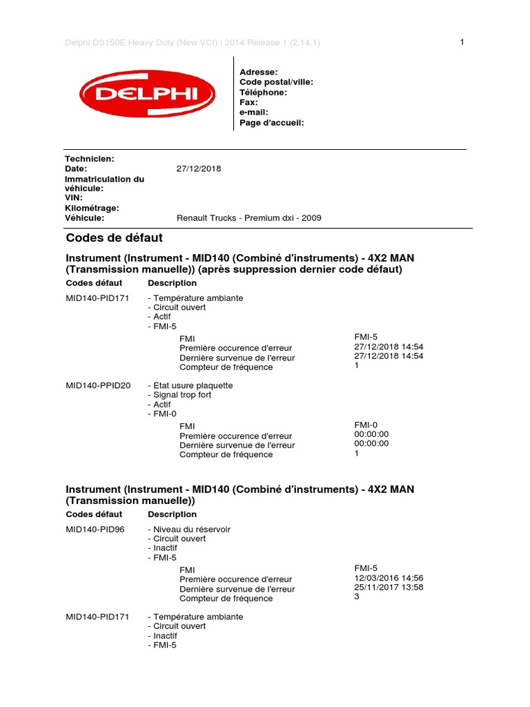Codes défauts véhicule Renault Trucks | PDF | Machine | Physique ...