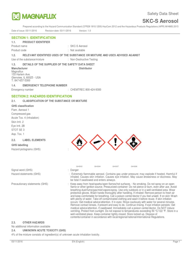 SKC S Aerosol Safety Data Sheet English | PDF | Firefighting | Toxicity