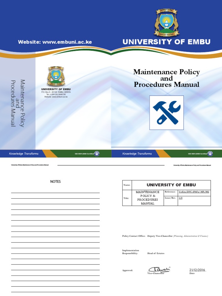 Maintenance Policy | PDF | Iso 9000 | Emergency