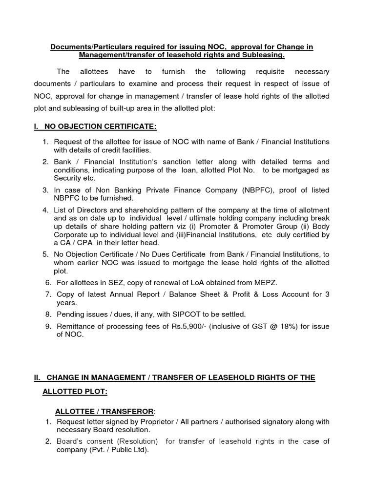 Documents required for NOC, transfer and subleasing | PDF | Banks ...