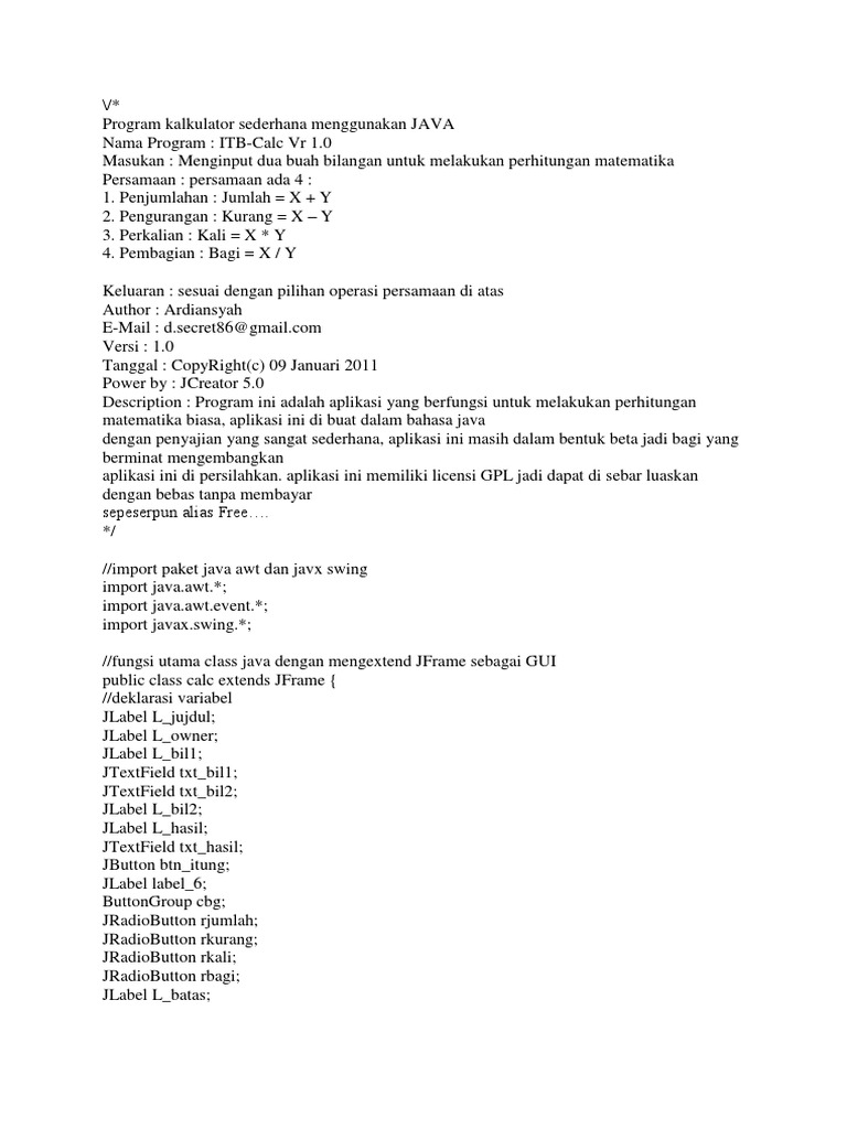 Program Kalkulator Sederhana Menggunakan JAVA | PDF