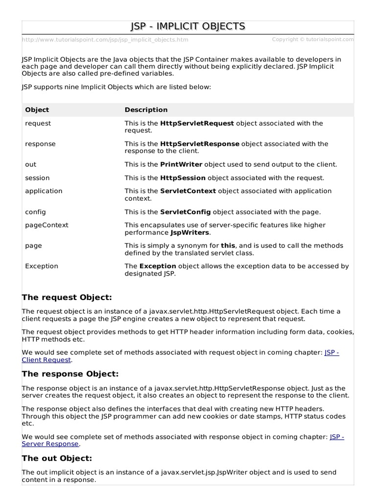 Jsp Implicit Objects Pdf Java Servlet Java Server Pages 