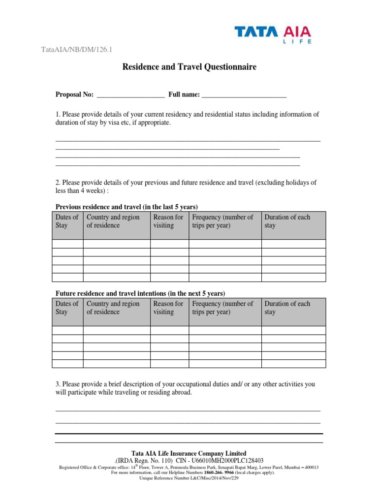 Residence and Travel Questionnaire | PDF | Insurance | Government